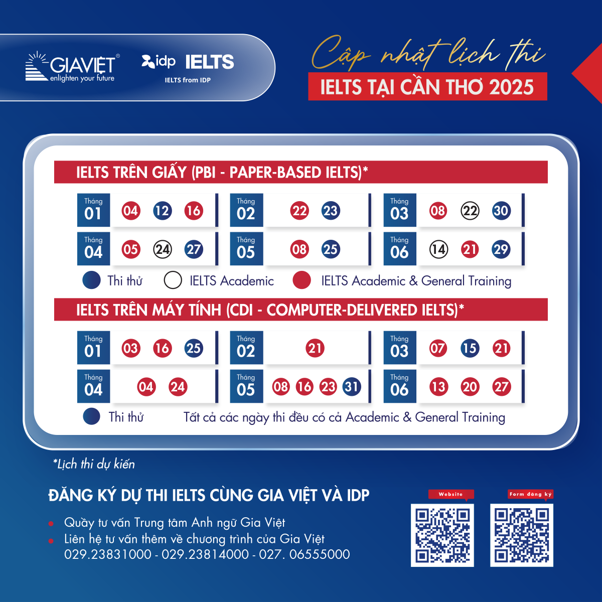 LỊCH THI IELTS 2025 MỚI NHẤT TẠI CẦN THƠ (Anh ngữ Gia Việt)